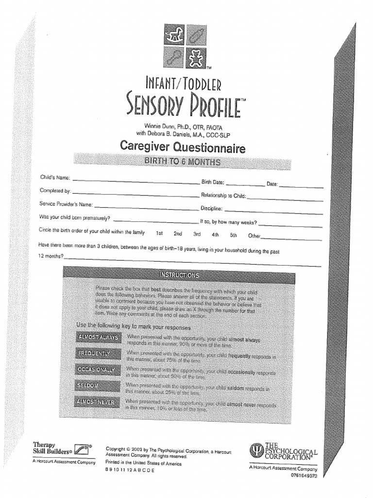 Infant Toddler Sensory Profile Caregiver Questionaire Birth To 6 Months ...