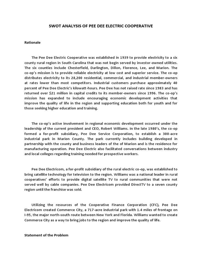 Swot Analysis of Pee Dee Electric Cooperative | PDF | Cooperative | Economic Development