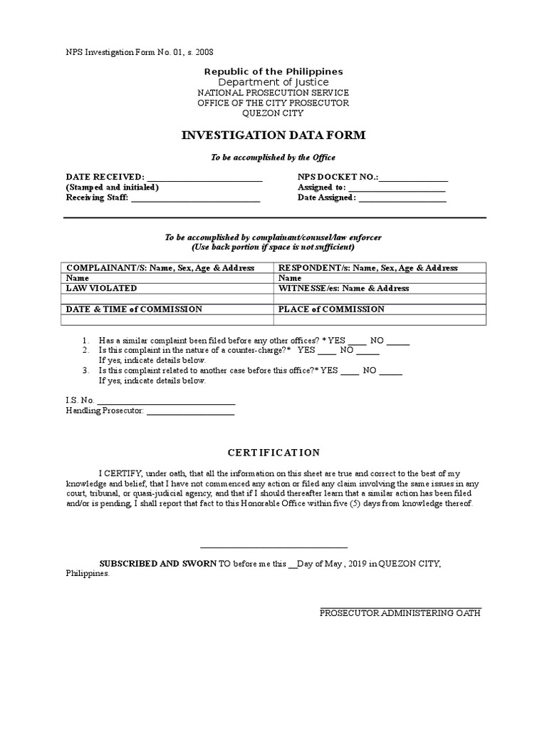 NPS Investigation Form No 01-2008 | PDF | Prosecutor | Complaint