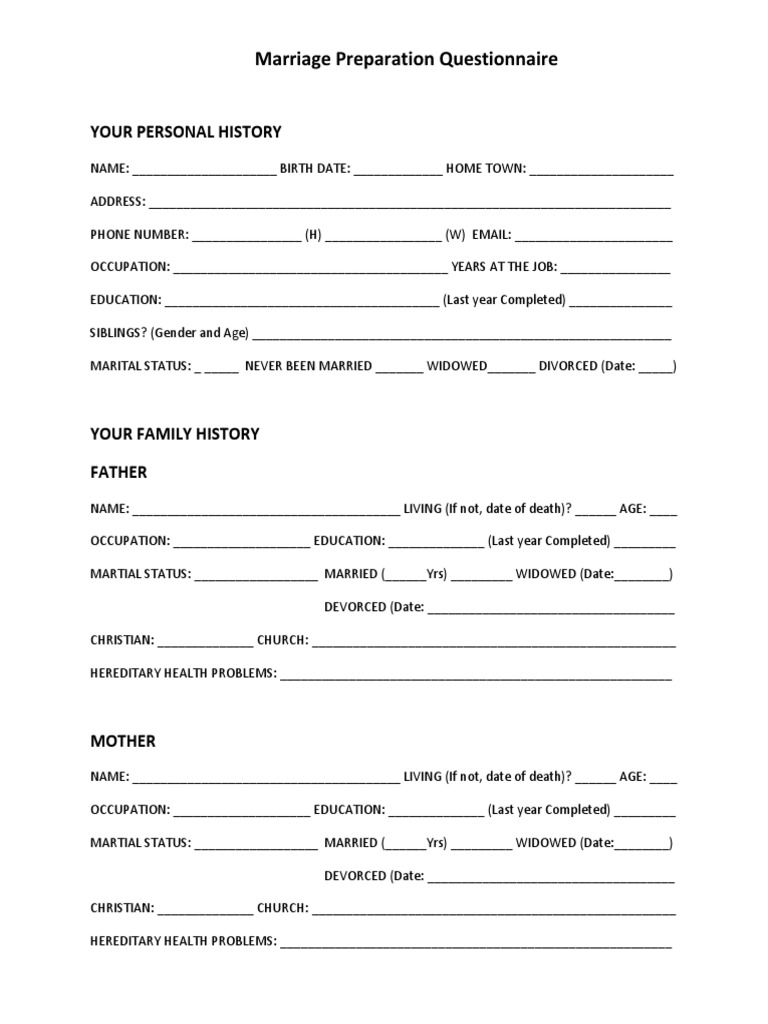 Marriage Preparation Questionnaire: Your Personal History | PDF ...