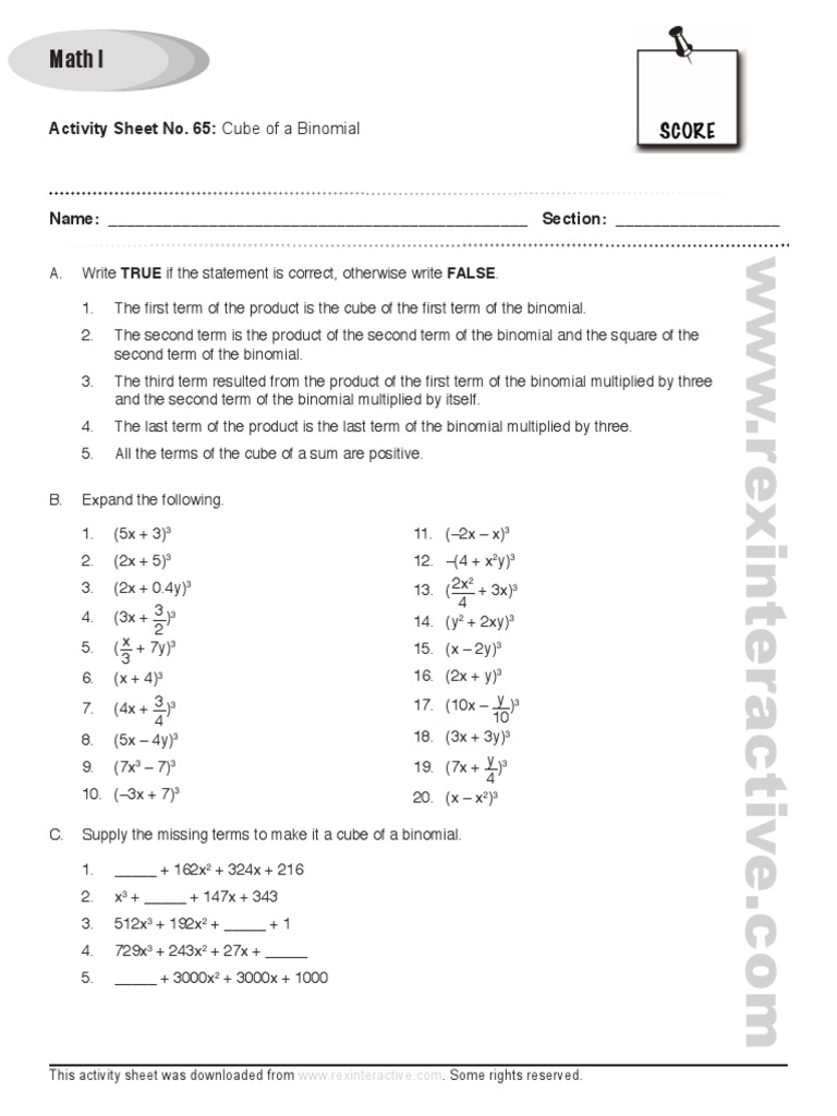 Math I: Activity Sheet No. 65: Cube of A Binomial | PDF | Teaching ...