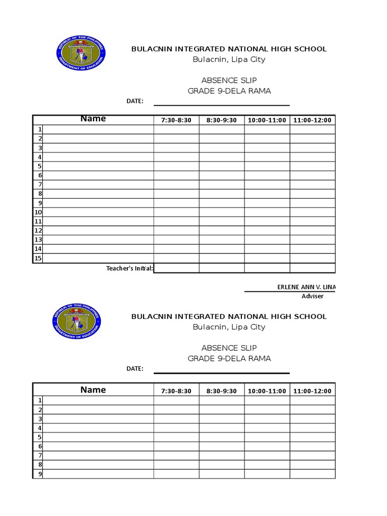 Grade 9 Absence Slip Template | PDF