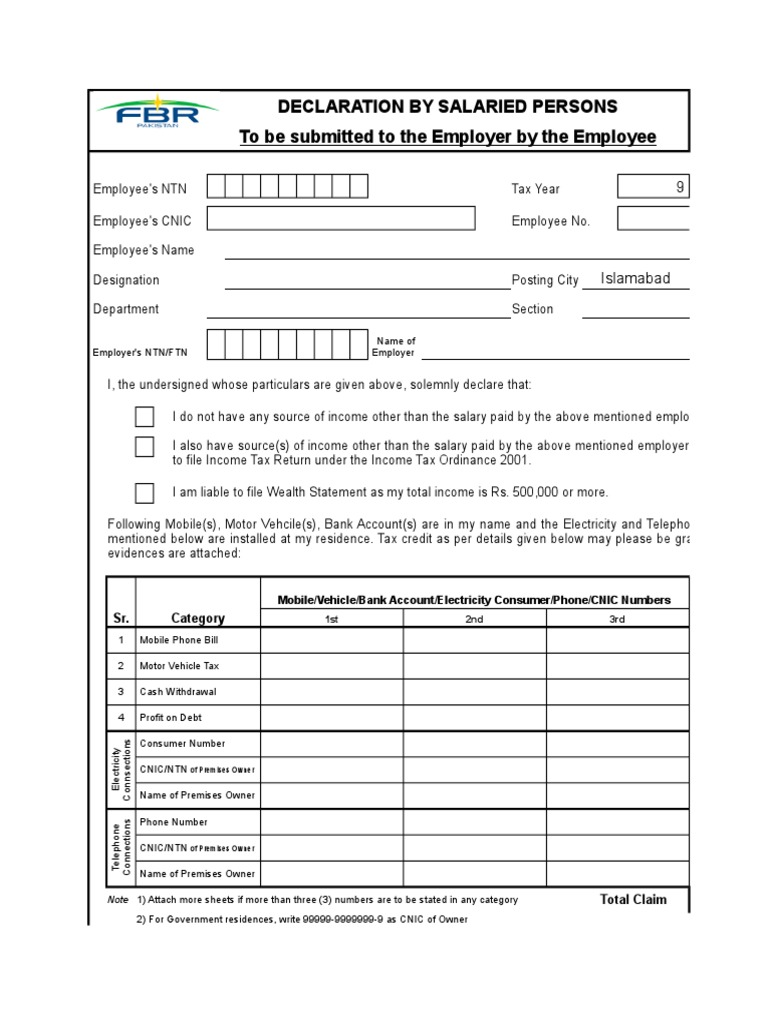 Declaration by Salaried Persons To Be Submitted To The Employer by The ...