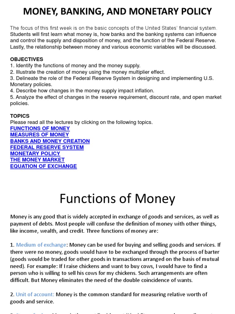Money, Banking, and Monetary Policy: Objectives | PDF | Money Supply ...