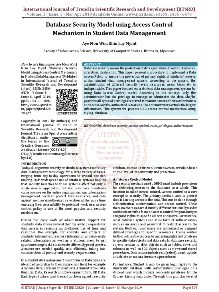 Database Security Model Using Access Control Mechanism in Student Data Management | PDF ...