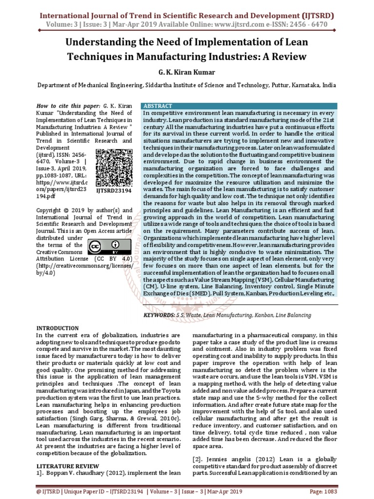Understanding The Need of Implementation of Lean Techniques in Manufacturing Industries A Review ...