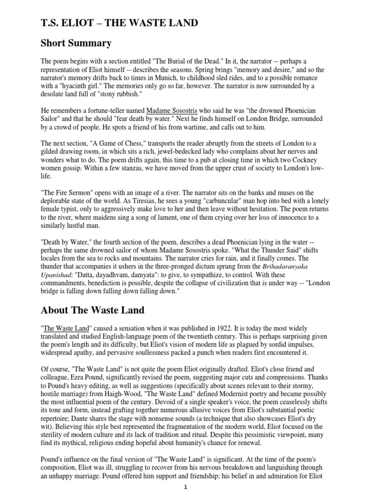T.S. Eliot - The Waste Land Short Summary | PDF | T. S. Eliot | Poetry
