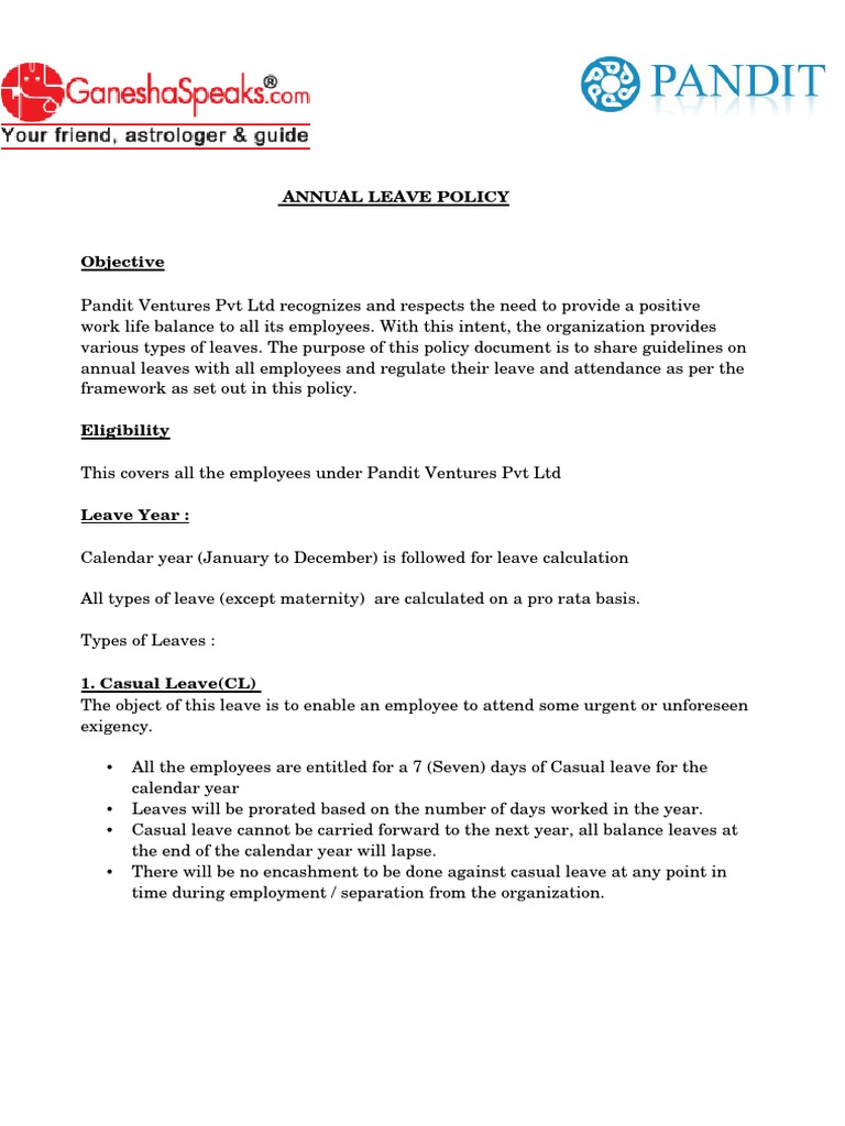 Leave Policy | PDF | Pro Rata | Employment