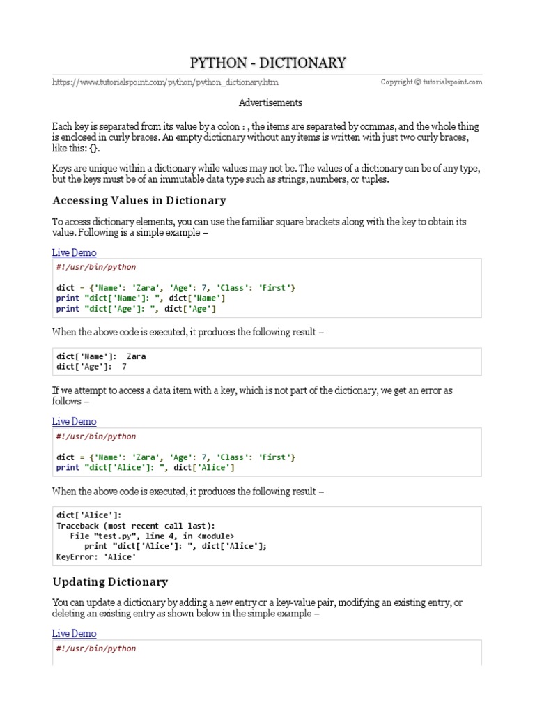 Accessing Values in Dictionary: Live Demo | PDF | Bracket | Data Type