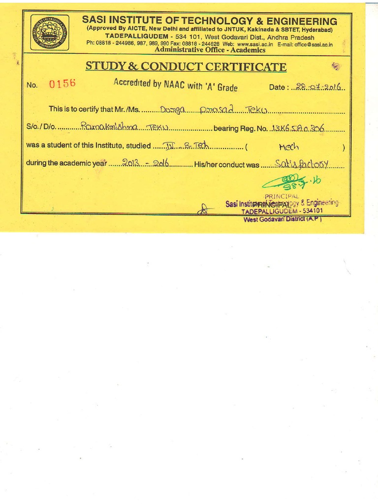 Study & Conduct Certificate | PDF