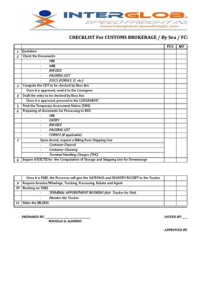 Checklist For Customs Brokerage / by Sea / FCL | PDF | Business ...