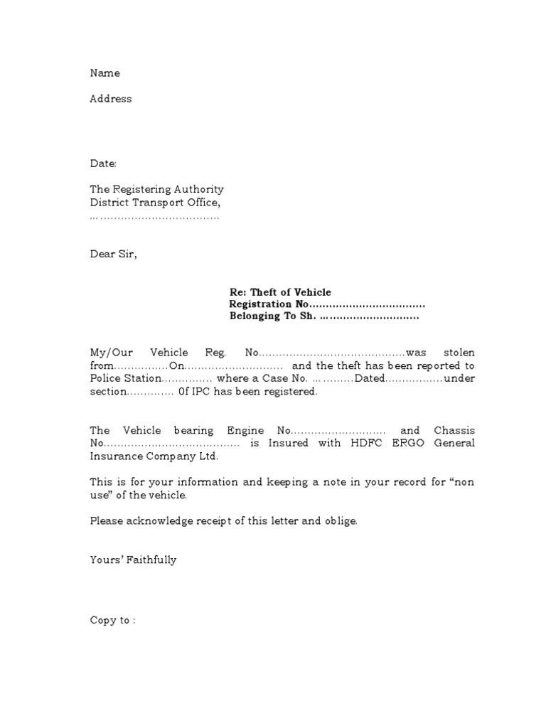 Format Letter To RTO For Vehicle Theft | PDF | Theft | Vehicles