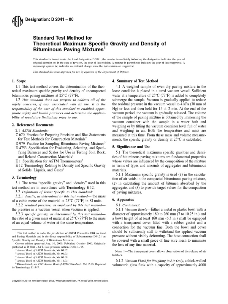 Theoretical Maximum Specific Gravity and Density of Bituminous Paving ...