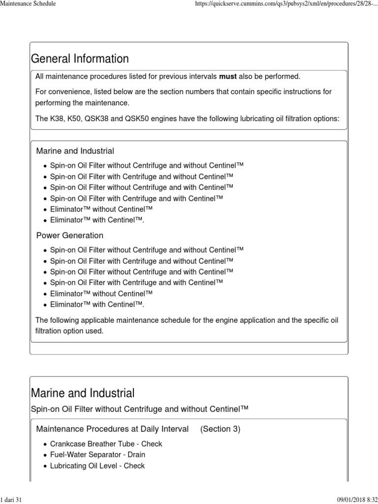 Cummins K-Series Engine Schedule Maintenance | PDF | Motor Oil | Pump