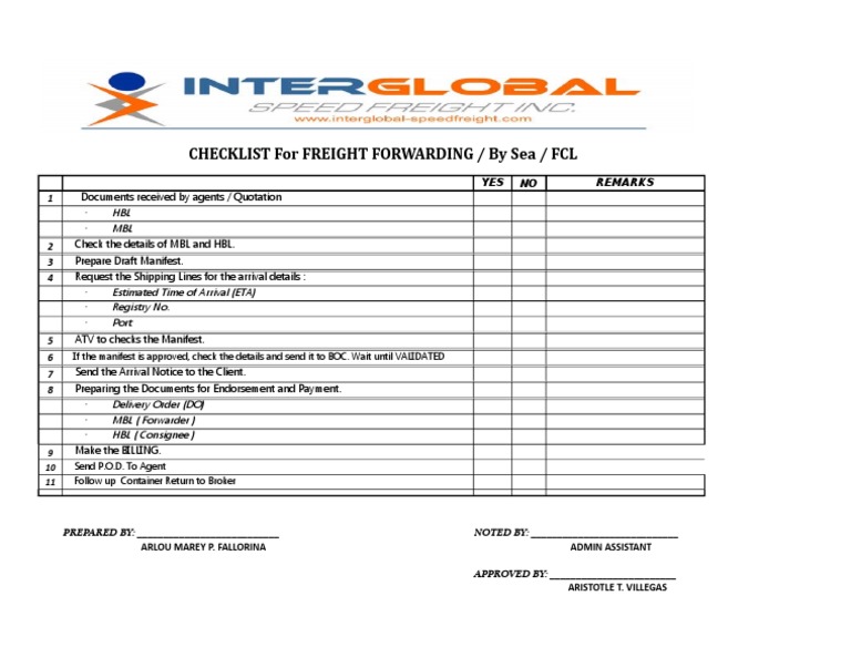 Checklist For Freight Forwarding / by Sea / FCL: HBL MBL | PDF ...