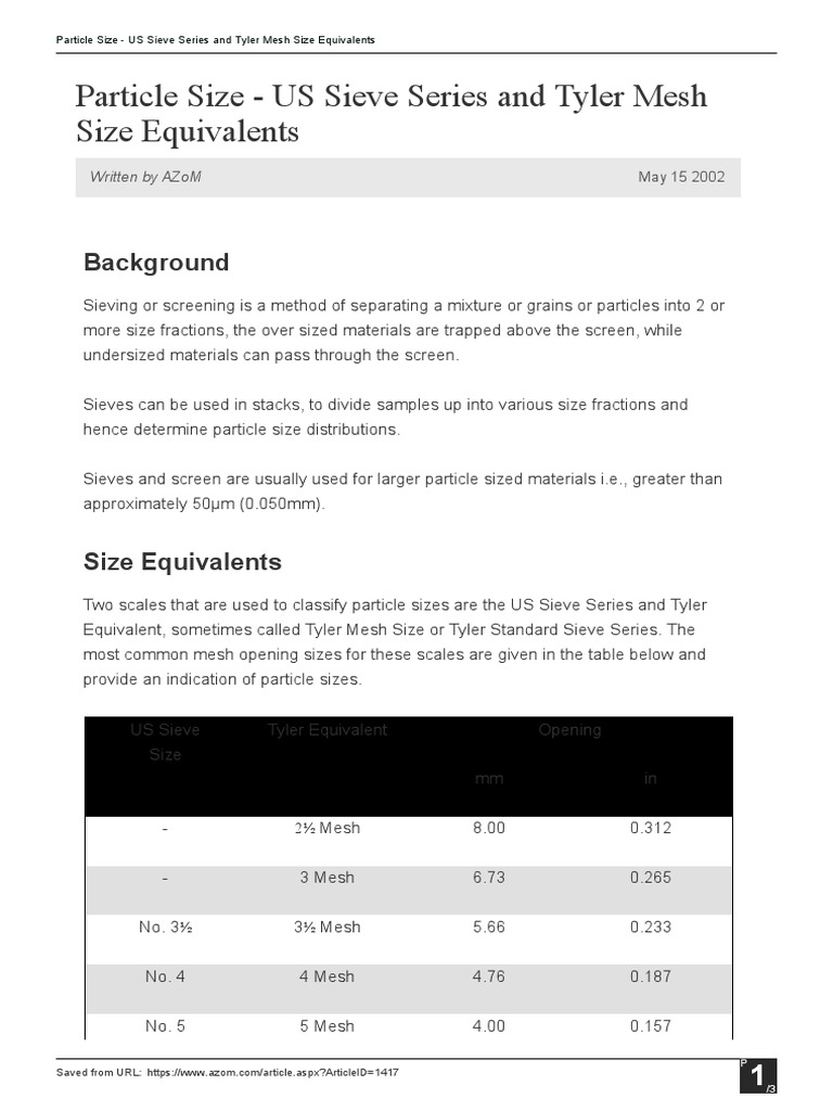 Tyler Mesh and US Sieve Size Chart | PDF | Particle Size Distribution ...