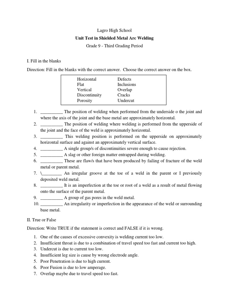 Lagro High School - SMAW Unit Test in 3rd Grading | PDF | Welding ...