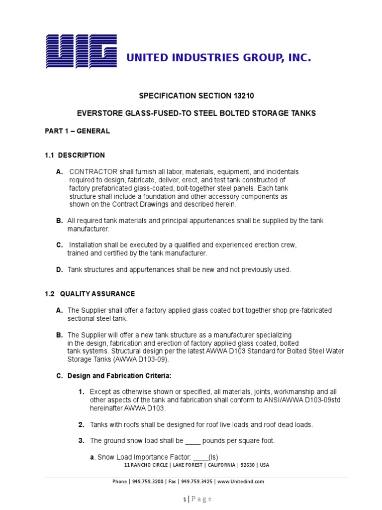 UIG AWWA D103 09std Glass Fused To Steel Bolted Tank Specifications ...