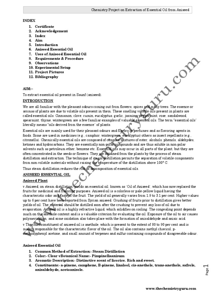 Chemistry Project On Extraction of Essential Oil From Aniseed | PDF ...