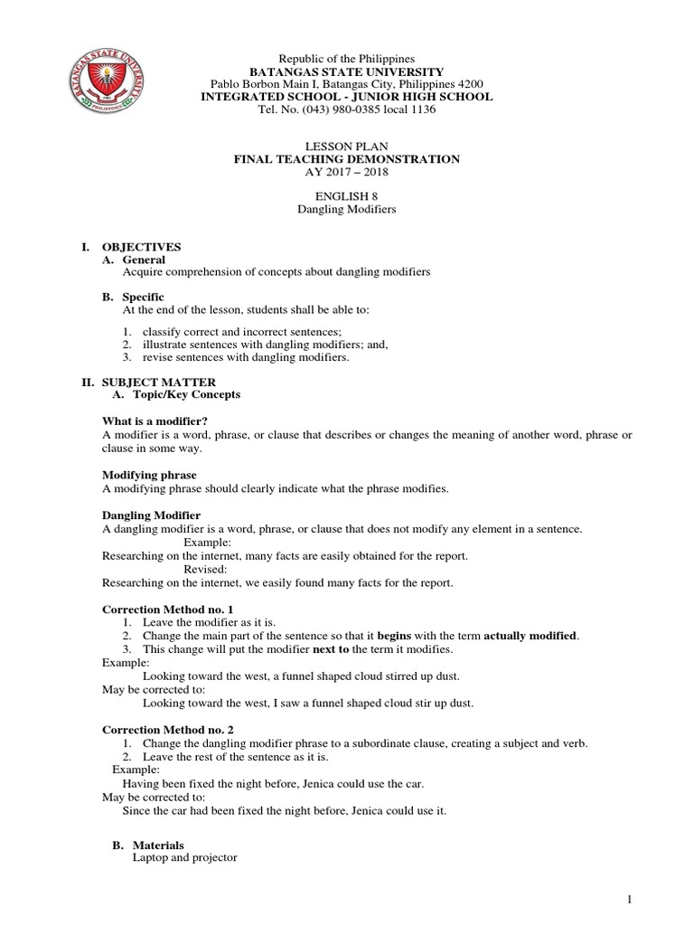 Lesson Plan For Dangling Modifiers | PDF | Phrase | Clause