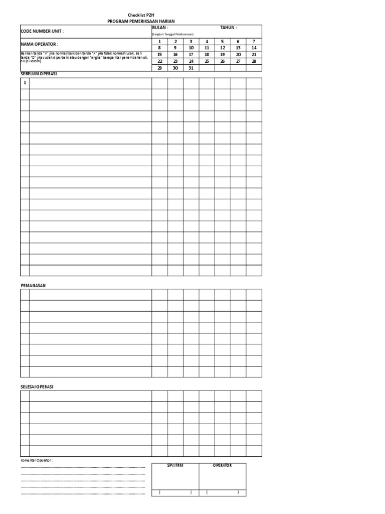 Formulir Checklist P2H Alat Berat | PDF