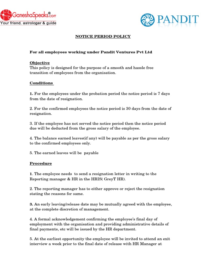 Notice Period Policy | PDF | Employment | Salary