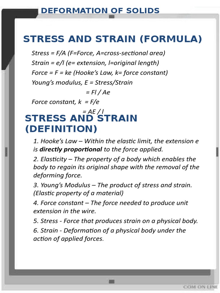 Stress and Strain Formulas Definitions Solid Deformation | PDF