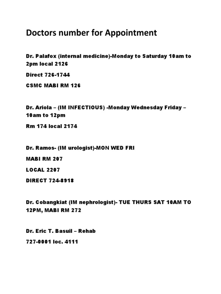 Doctors Number For Appointment | PDF | Science & Mathematics