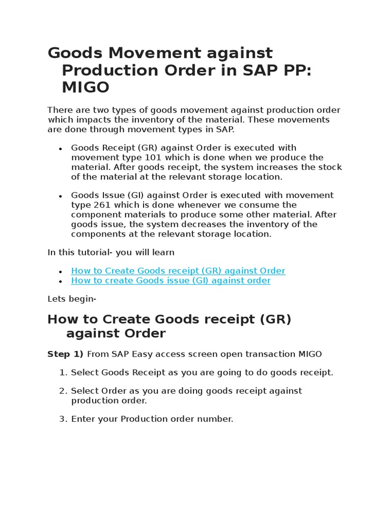 SAP Goods Movement for Production Orders | PDF | Receipt | Inventory