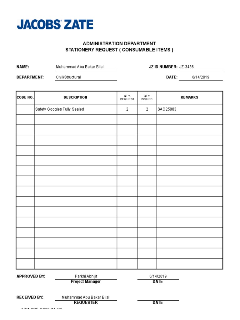 Administration Department Stationery Request (Consumable Items) | PDF