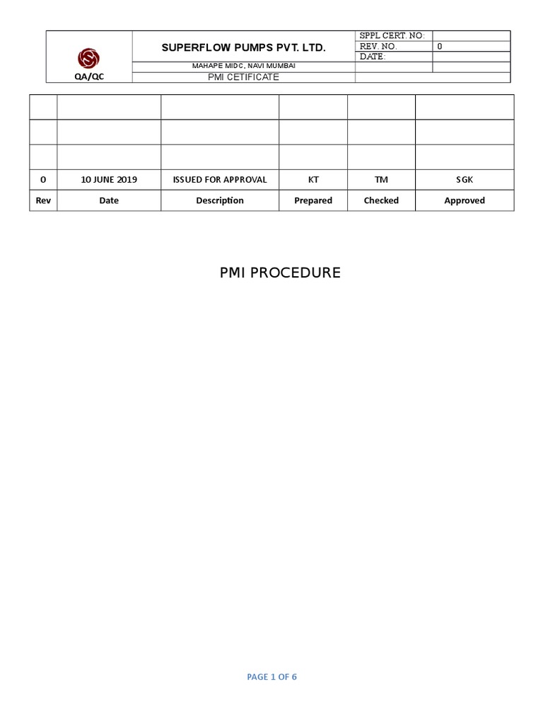 Pmi Procedure: Superflow Pumps Pvt. LTD | PDF | Steel | Pipe (Fluid ...