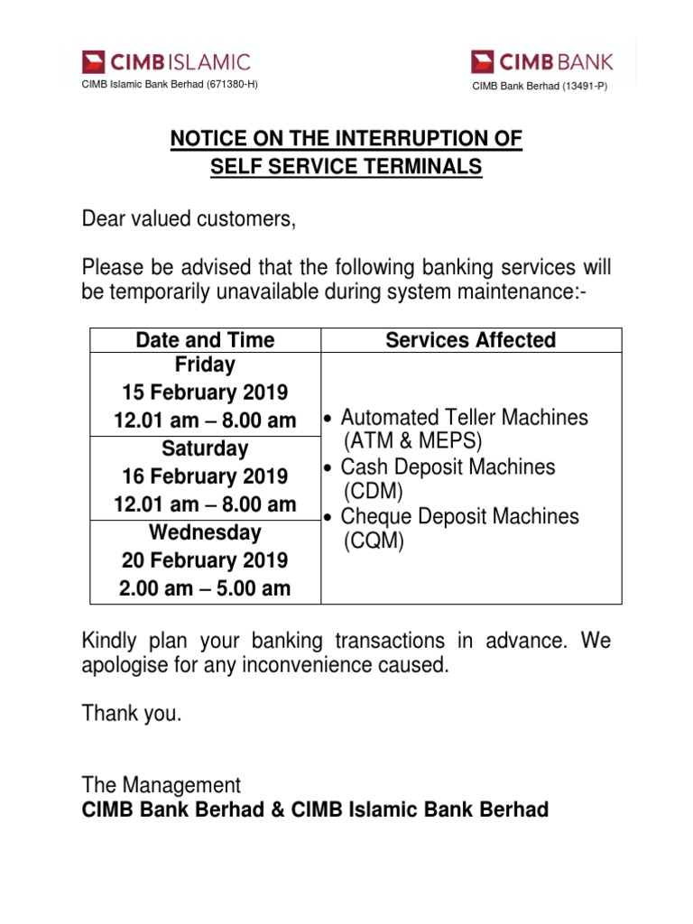 CIMB Bank Self-Service Maintenance Notice | PDF | Business | Finance ...