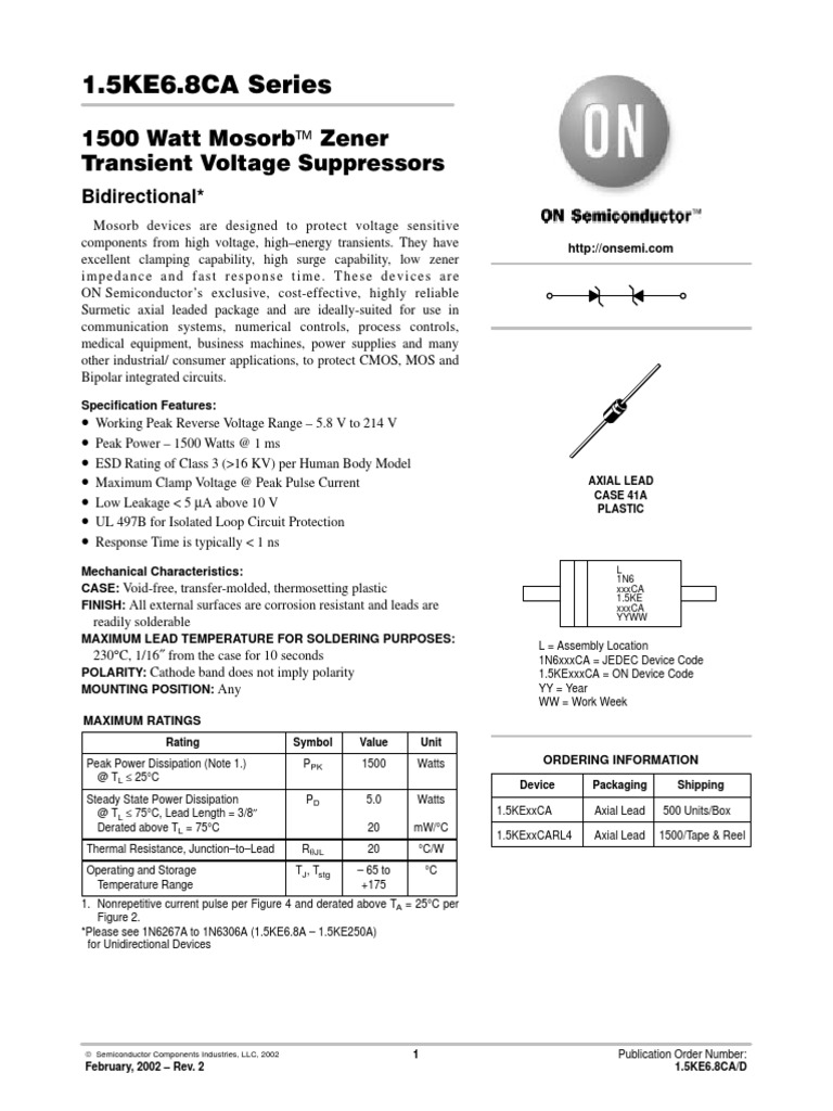 1.5KE6.8CA Series: 1500 Watt Mosorb Zener Transient Voltage Suppressors | PDF | Inductance ...