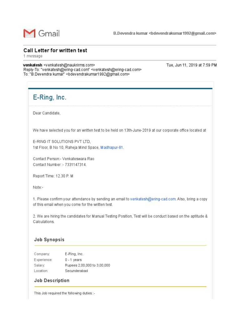 Call Letter for Written Test for Testing Engineer Position at E-Ring ...