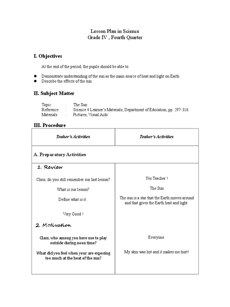Grade 4 Science Lesson: The Sun | PDF | Sun | Earth