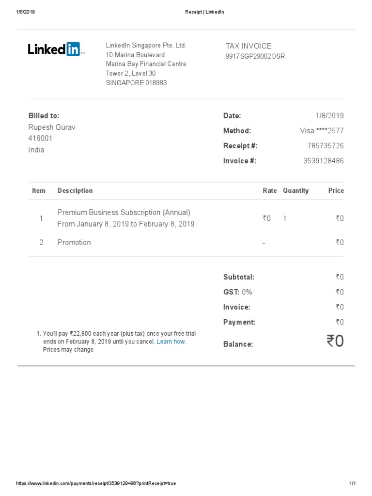 Receipt - LinkedIn PDF | PDF
