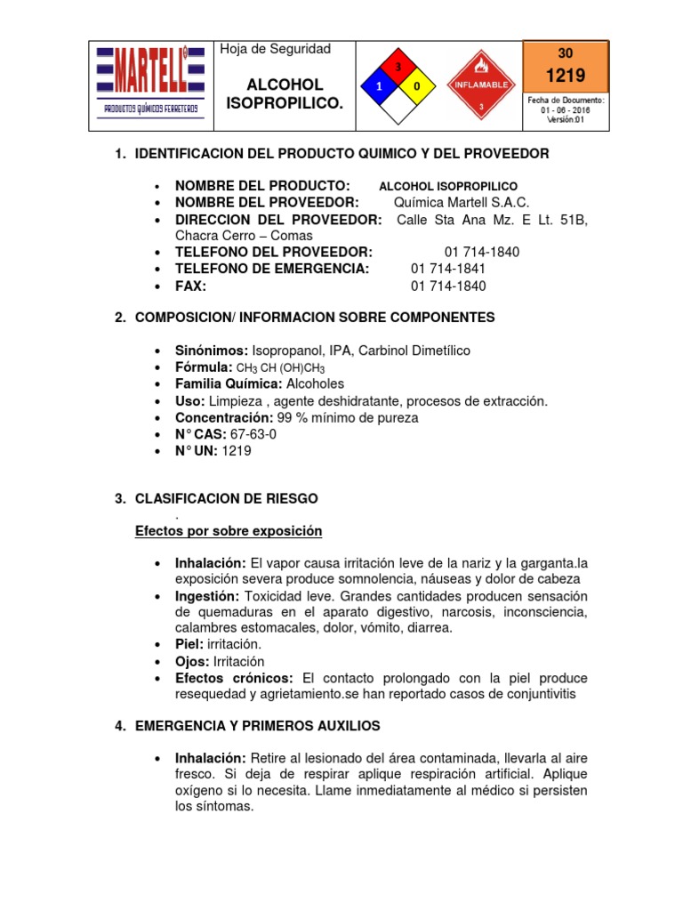 MSDS Alcohol Isopropílico MARTELL | PDF | Oxígeno | Alcohol