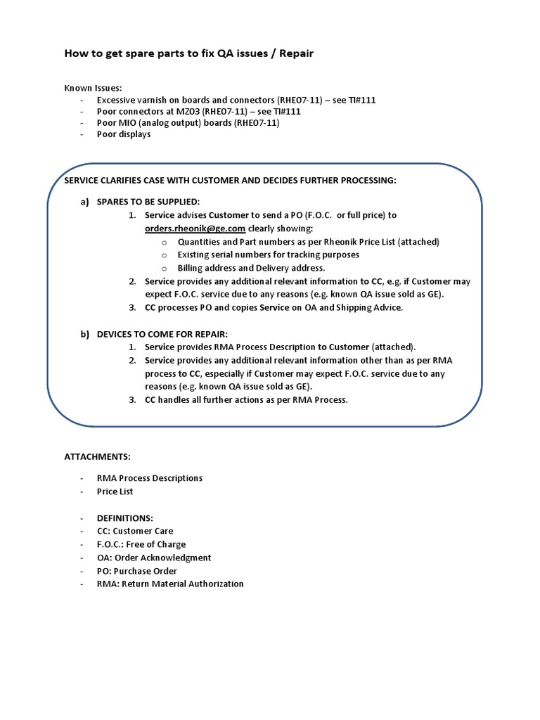How To Get Spare Parts To Fix QA Issues / Repair | PDF