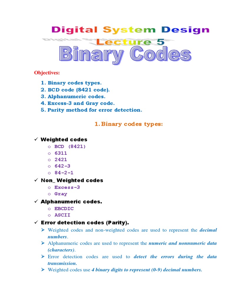 Lecture 5 Binary Codes Pdf Binary Coded Decimal Ebcdic