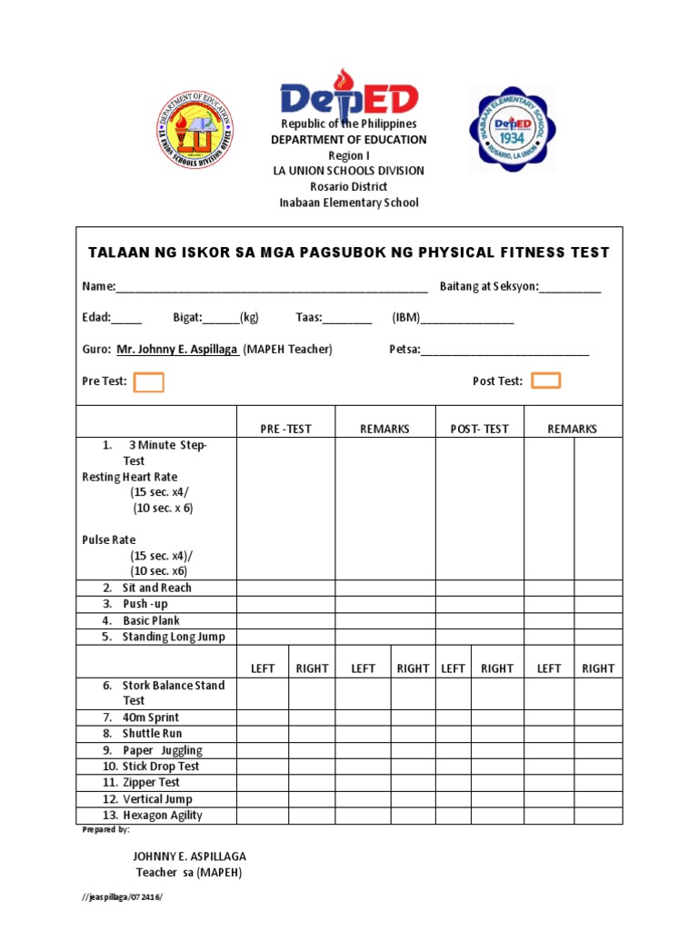 Physical Fitness Test Form-Kto12 | PDF | Physical Exercise | Sports