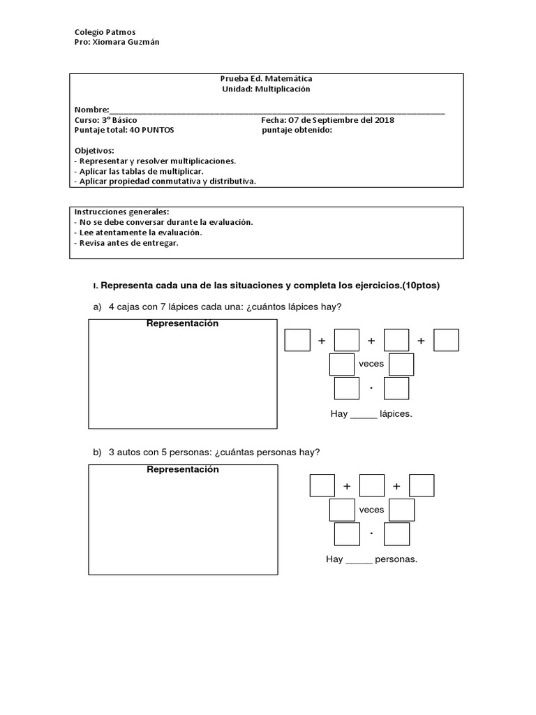 Prueba de Multiplicación 3° Básico | PDF | Multiplicación | Enseñanza ...