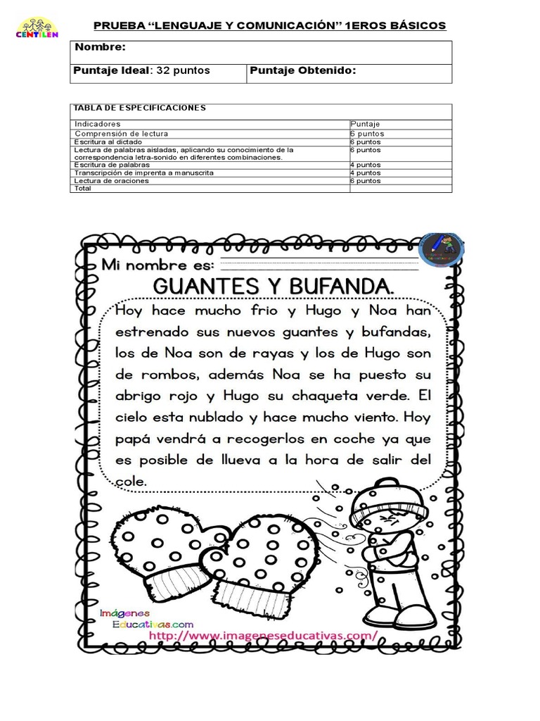 Prueba Nivel 1ro Lenguaje | PDF