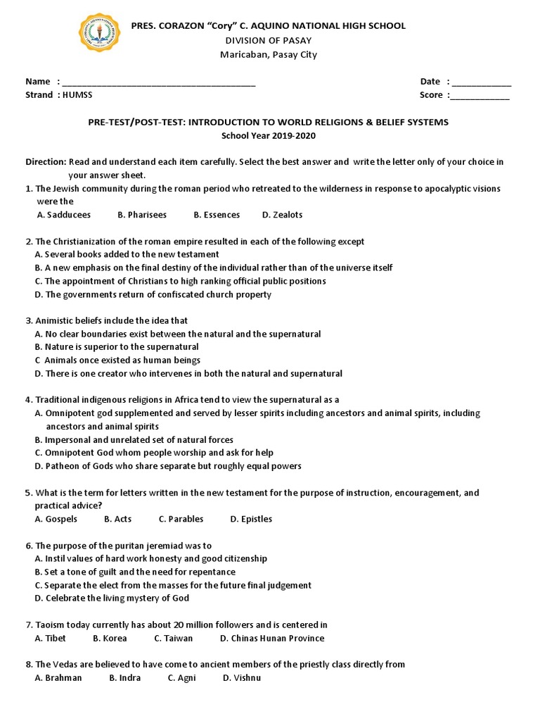 Pre Test World Religion 2019-2020 Paper | PDF | Catholic Church | God