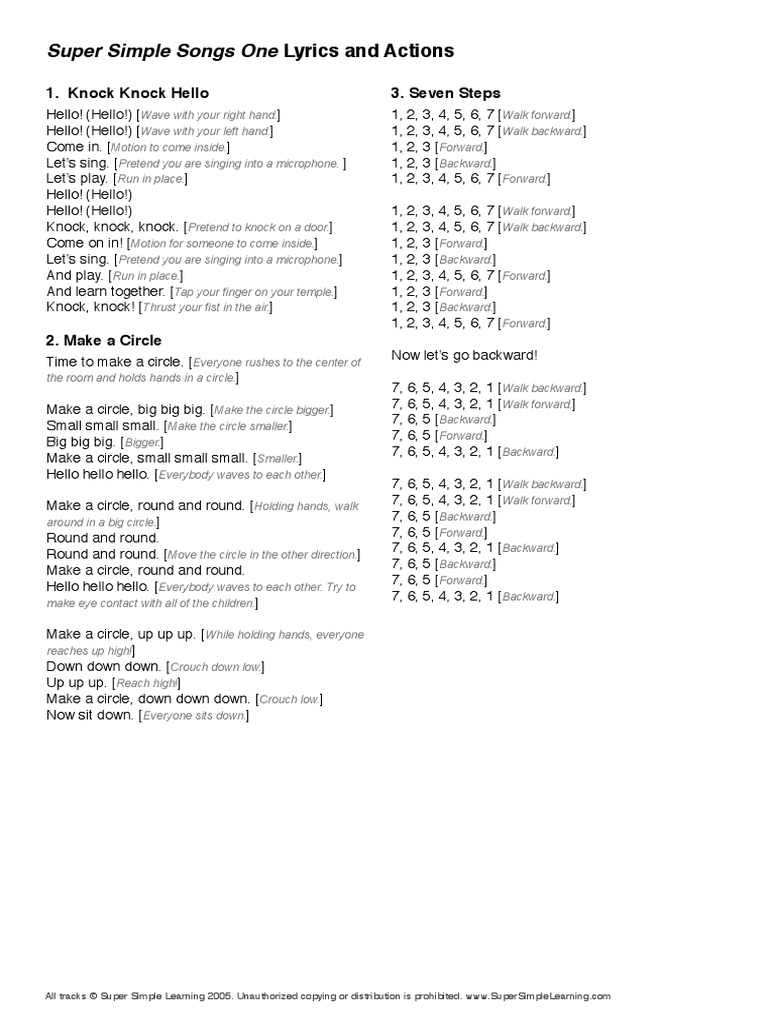Super Simple Songs One Lyrics and Actions: 1. Knock Knock Hello 3 ...