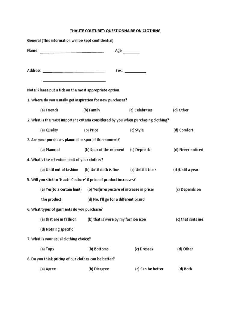 Haute Couture Clothing Survey | PDF | Fashion | Clothing