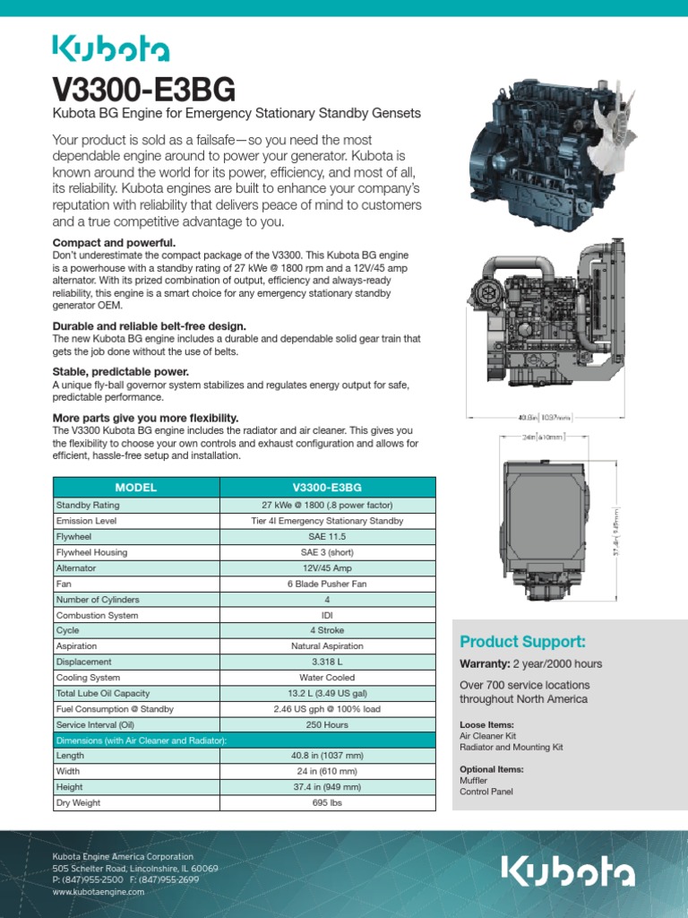 Kubota Spec Sheet V3300 Standby | PDF | Engines | Engine Technology