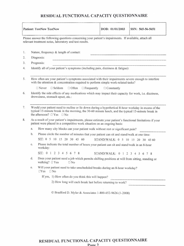 Residual Functional Capacit Questionnaire: Pati NT Stne ST E Dob: S 565 ...