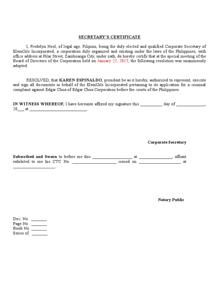 Secretary Certificate | PDF