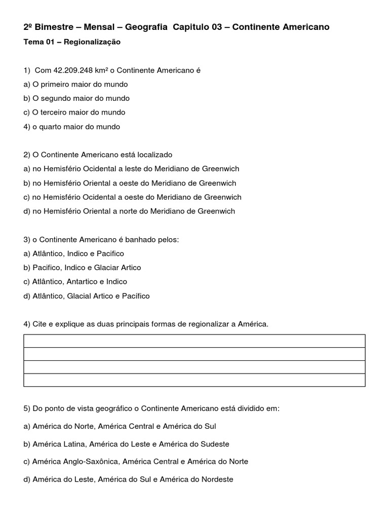 Exercicios Geografia Capitulo 03 – Continente Americano | América do ...