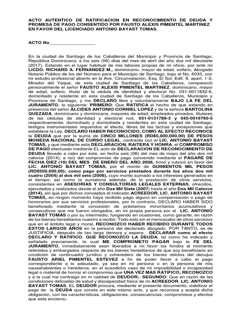 Acto Autentico de Ratificacion en Reconocimiento Fapimentel | PDF | Pagos
